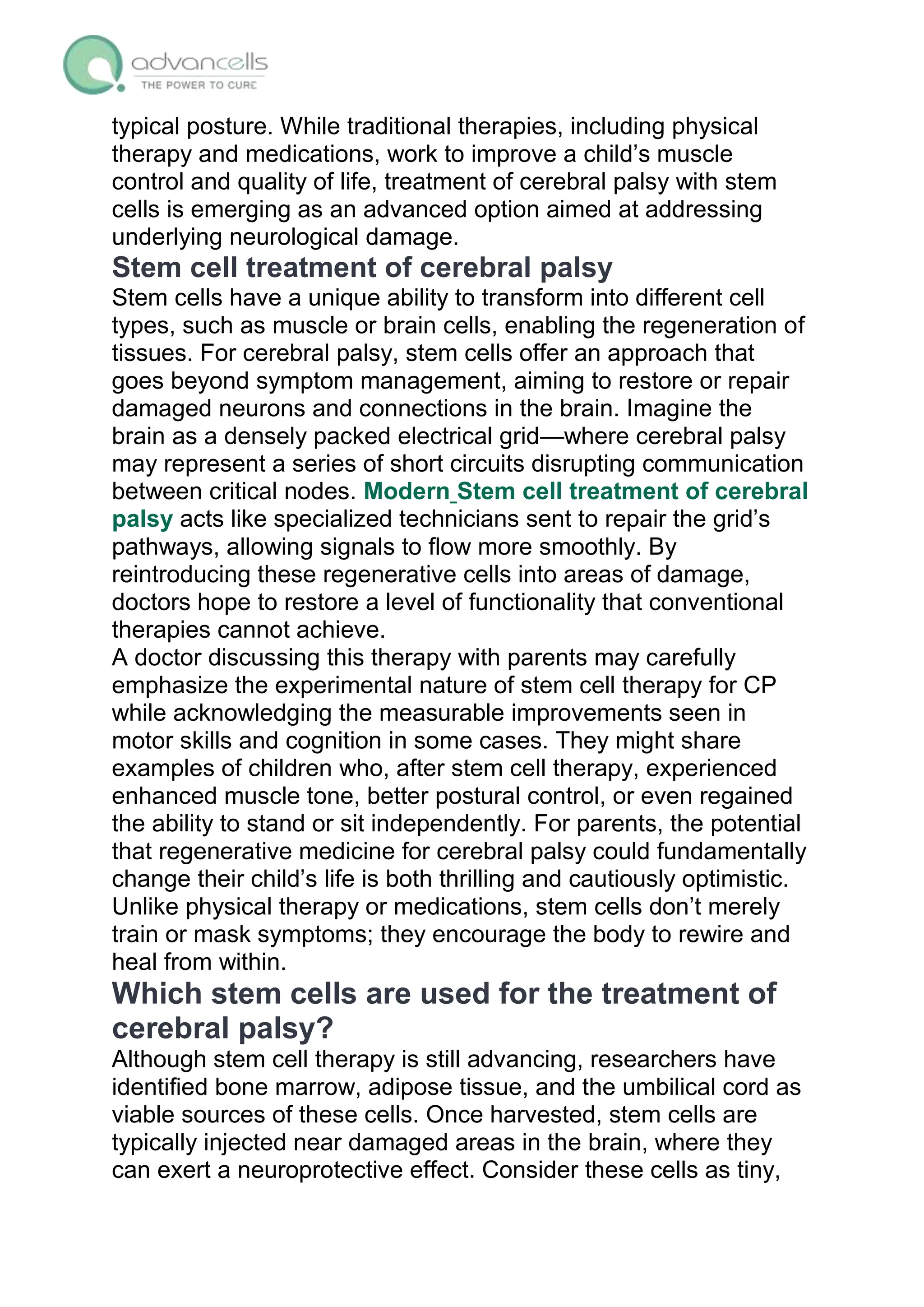 Stem Cell Therapy: A New Frontier in Cerebral Palsy Treatment | PDF