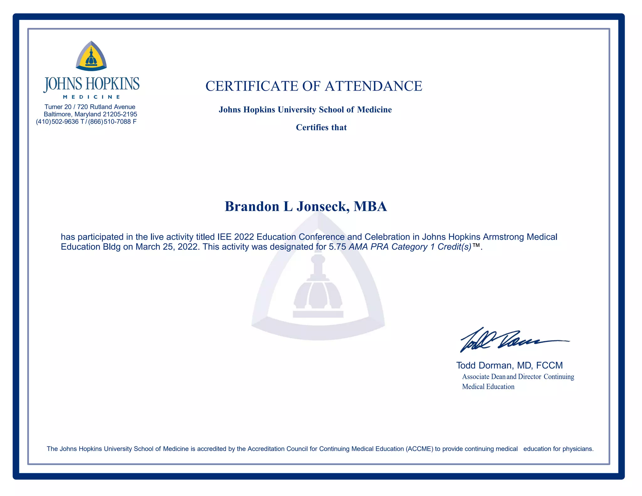 Hopkins IEE Certificate - Brandon Jonseck | PDF