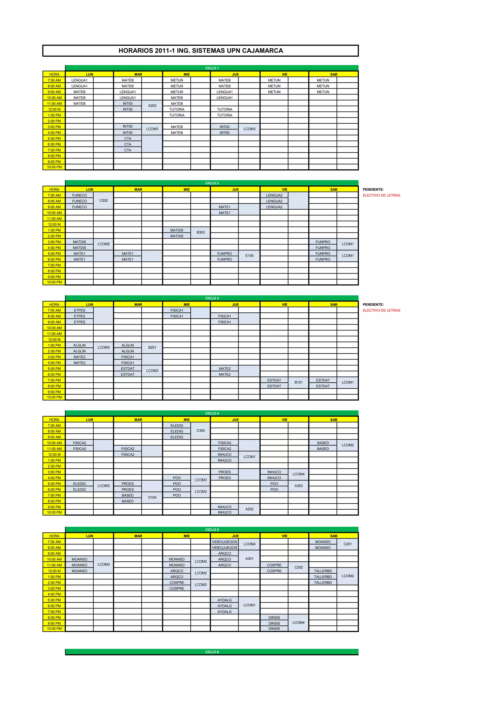 Horario 2011-1 Sistemas UPN Cajamarca | PDF