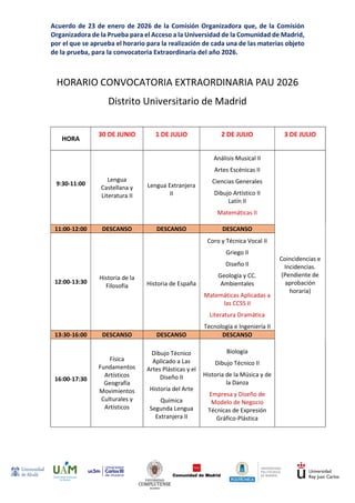 Horario para la Convocatoria Extraordinaria PAU 2026 en Madrid | PDF