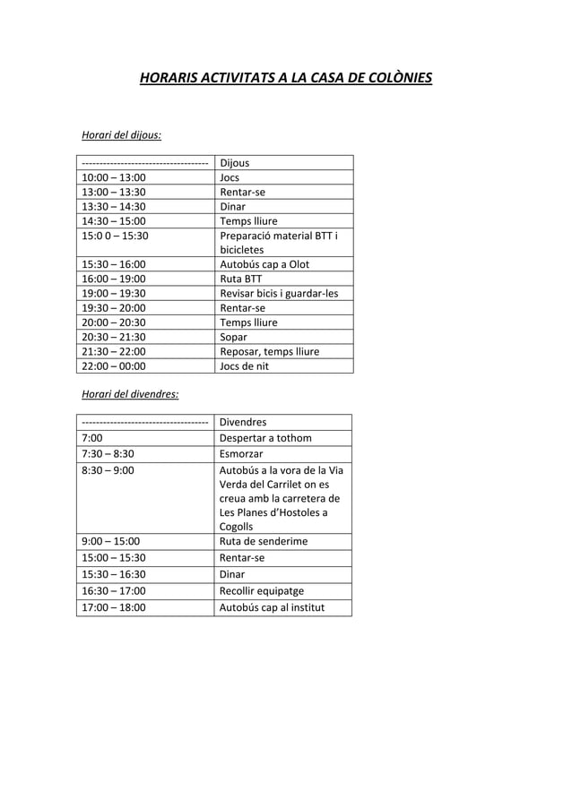 Horaris activitats a la casa de colònies | PDF