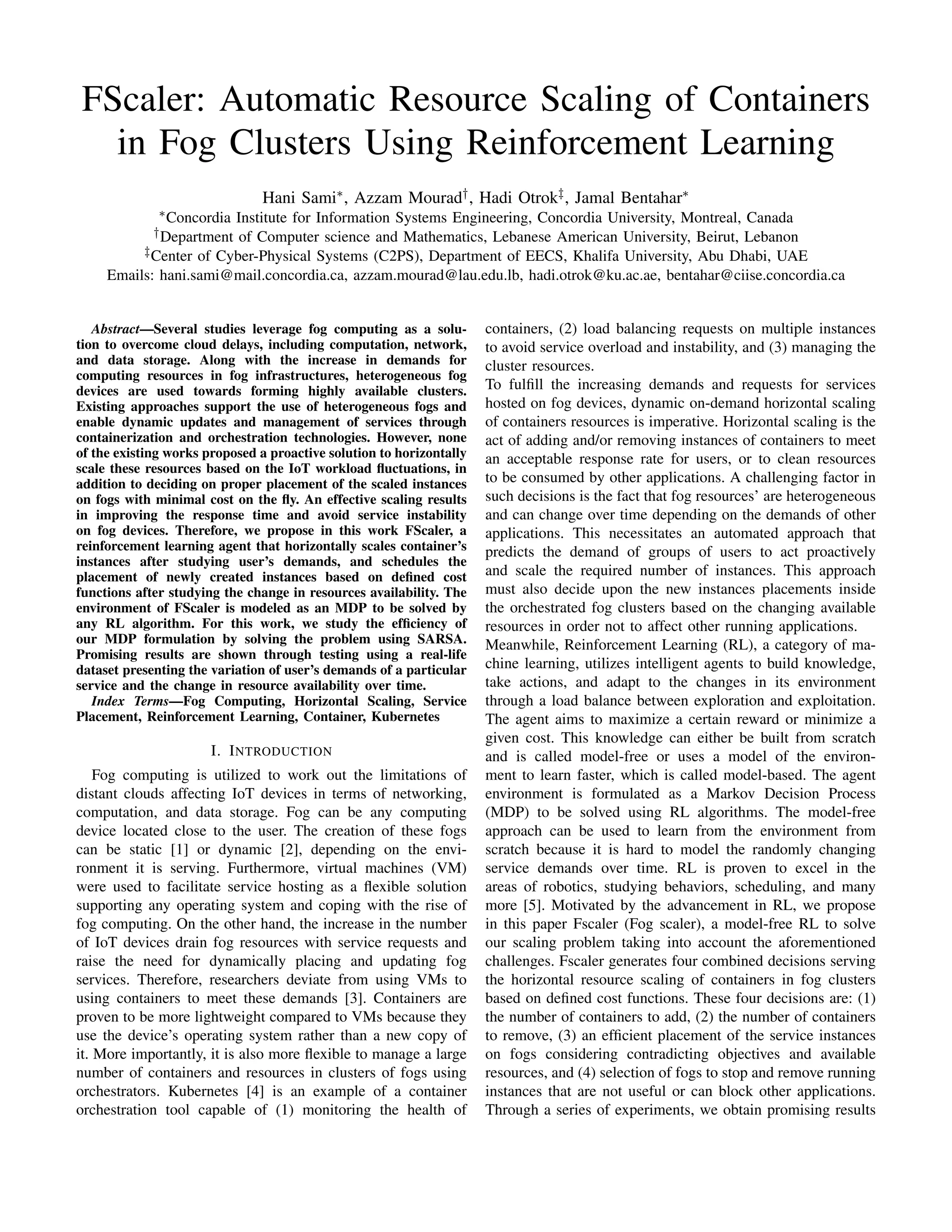 FScaler: Automatic Resource Scaling of Containers in Fog Clusters Using Reinforcement Learning | PDF