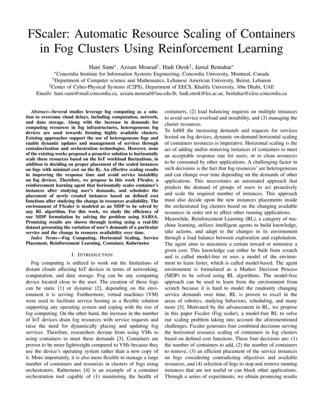 FScaler: Automatic Resource Scaling of Containers in Fog Clusters Using Reinforcement Learning | PDF