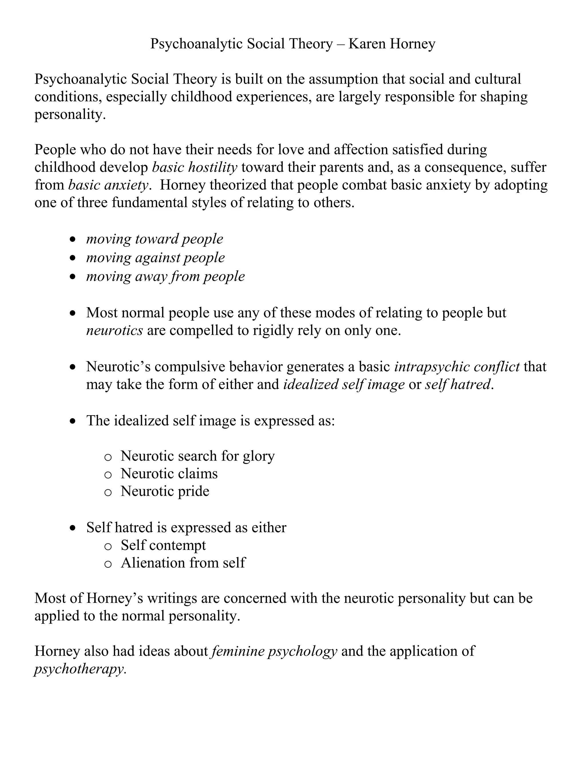 Horney and psychoanalytic social theory | PDF