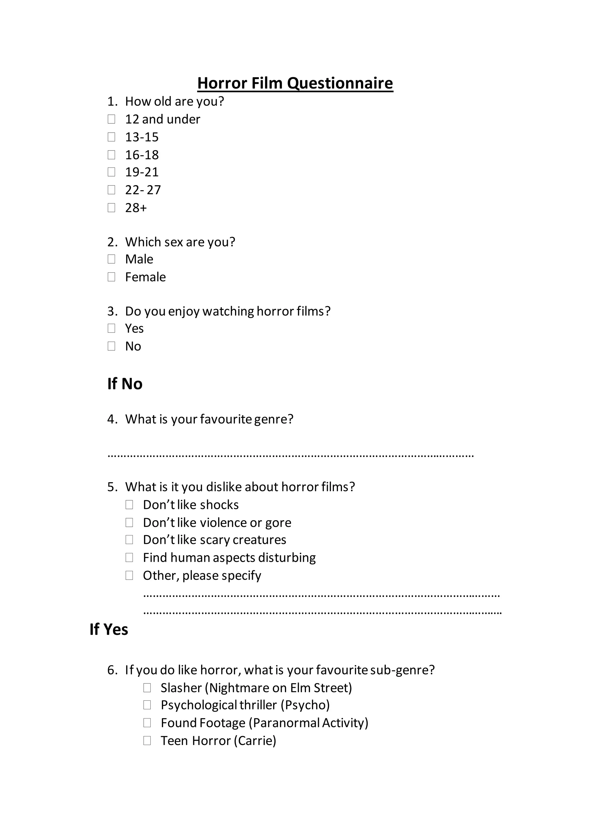 Horror film questionnaire | DOCX