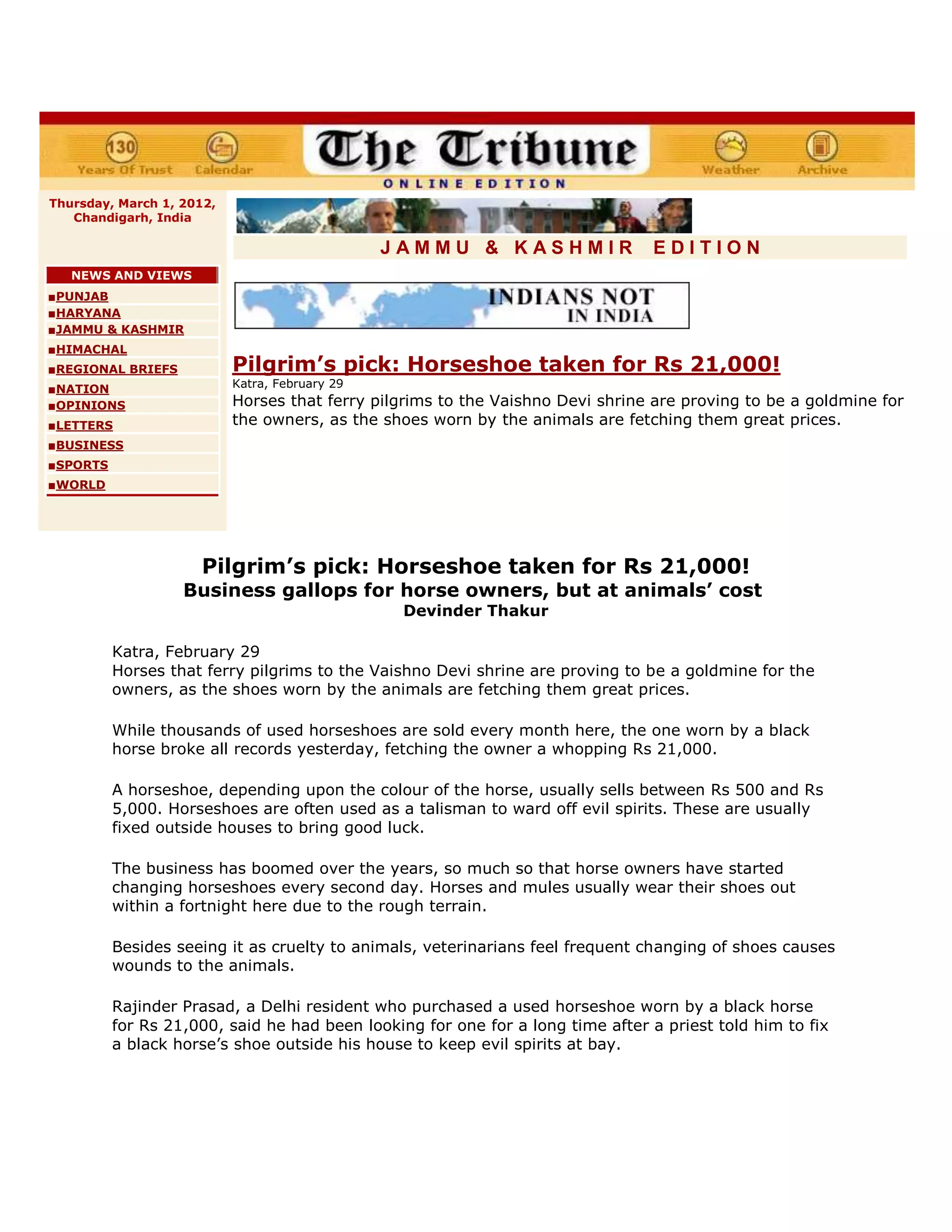 A story about Horse shoe in The Tribune A Buisness at Animal Cost | DOCX