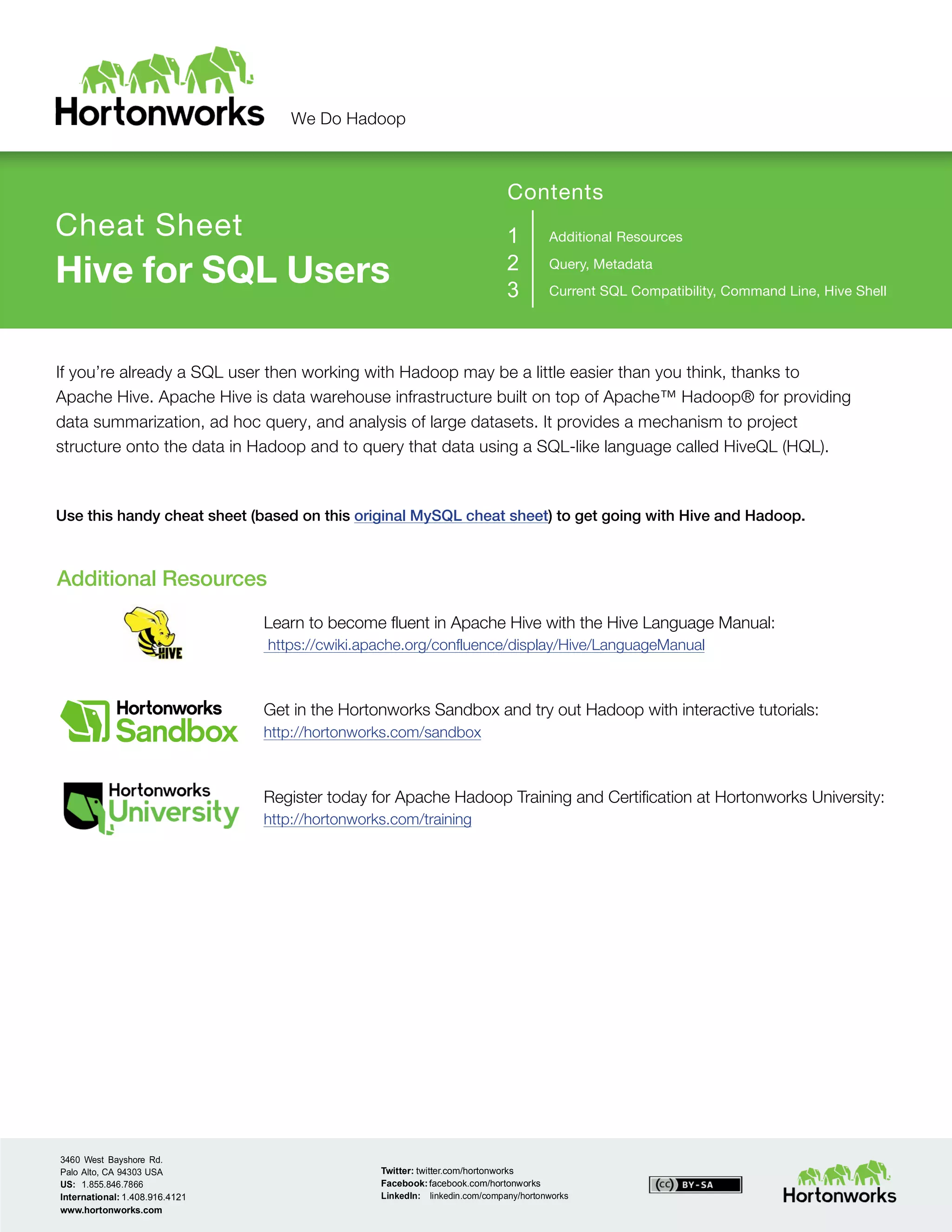 SQL to Hive Cheat Sheet | PDF