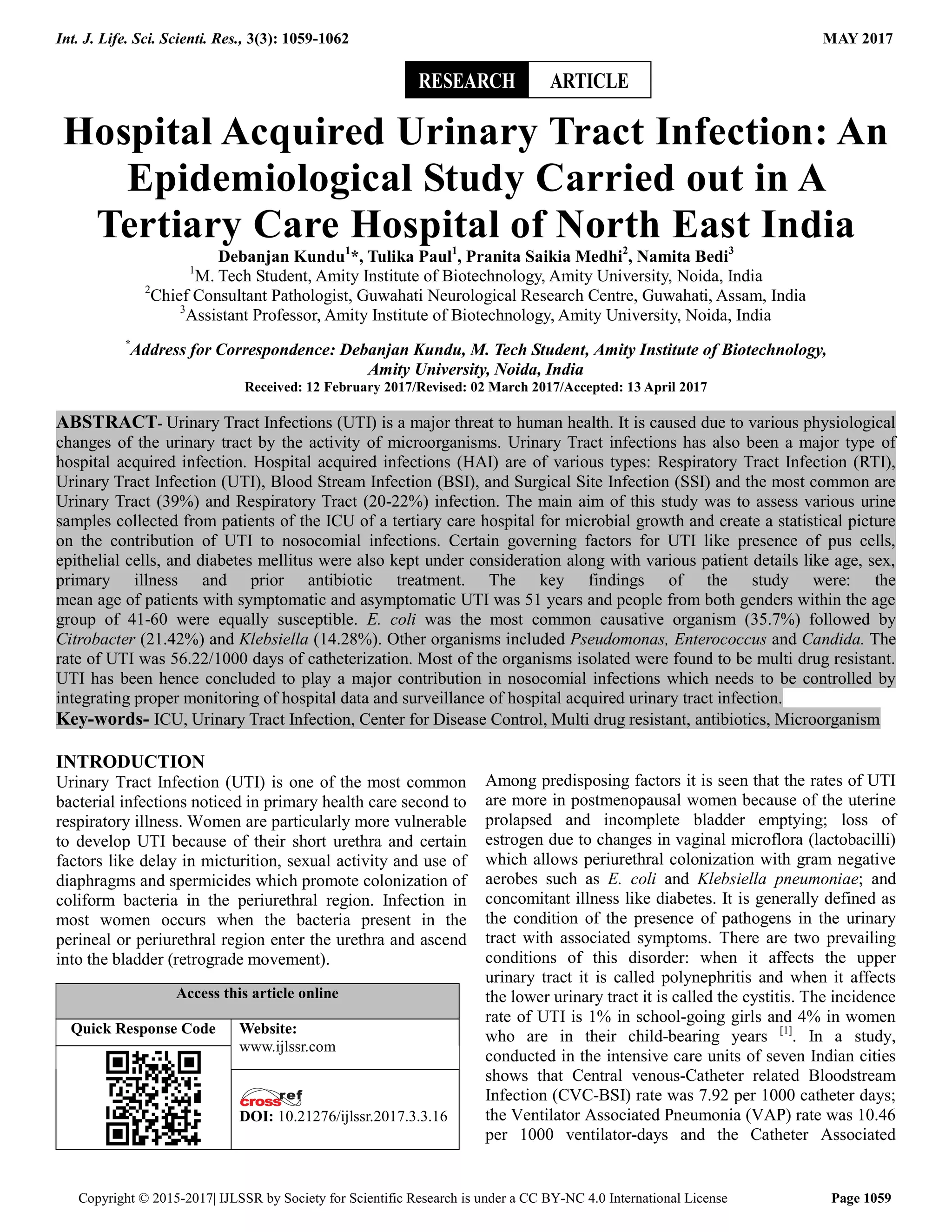 Hospital Acquired Urinary Tract Infection: An Epidemiological Study ...