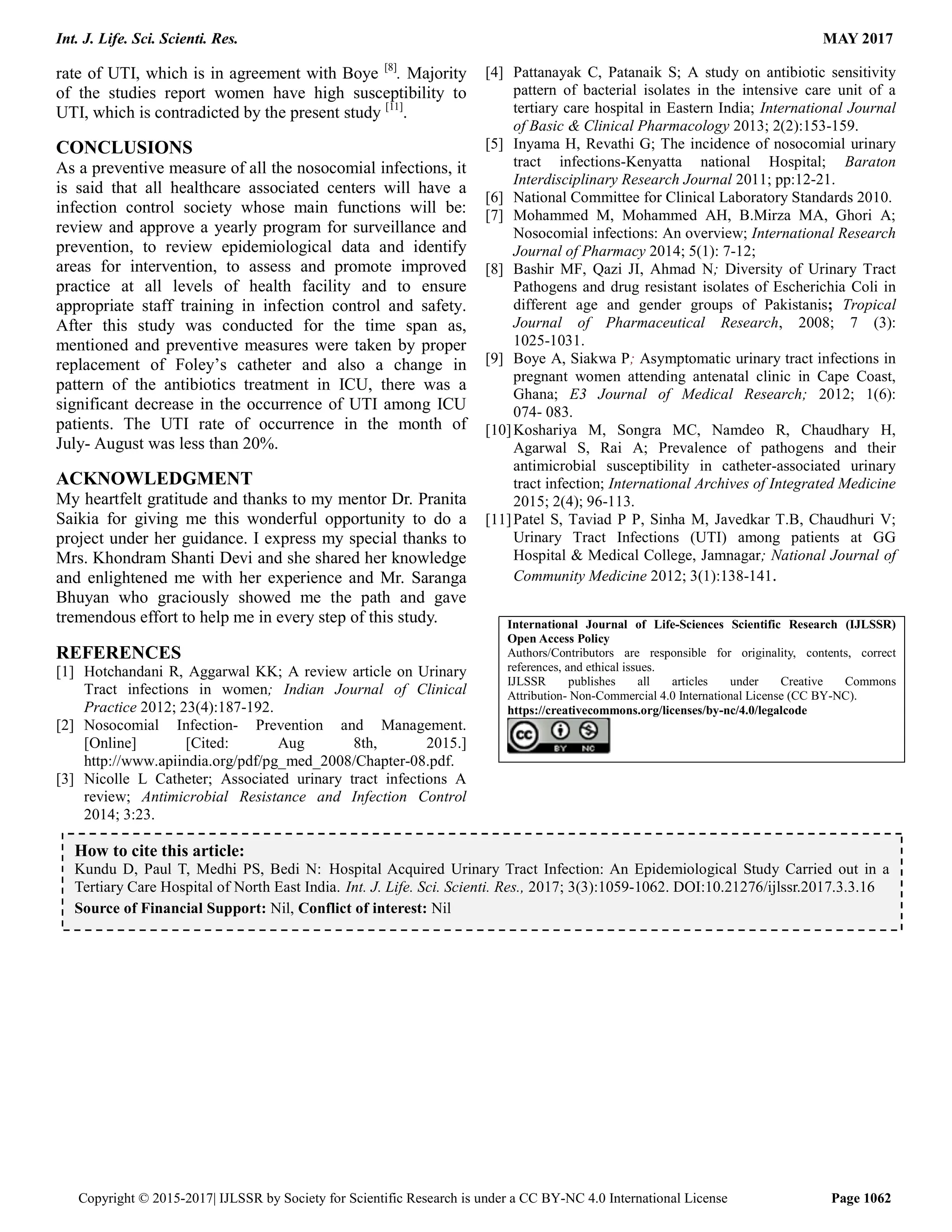 Hospital Acquired Urinary Tract Infection: An Epidemiological Study ...