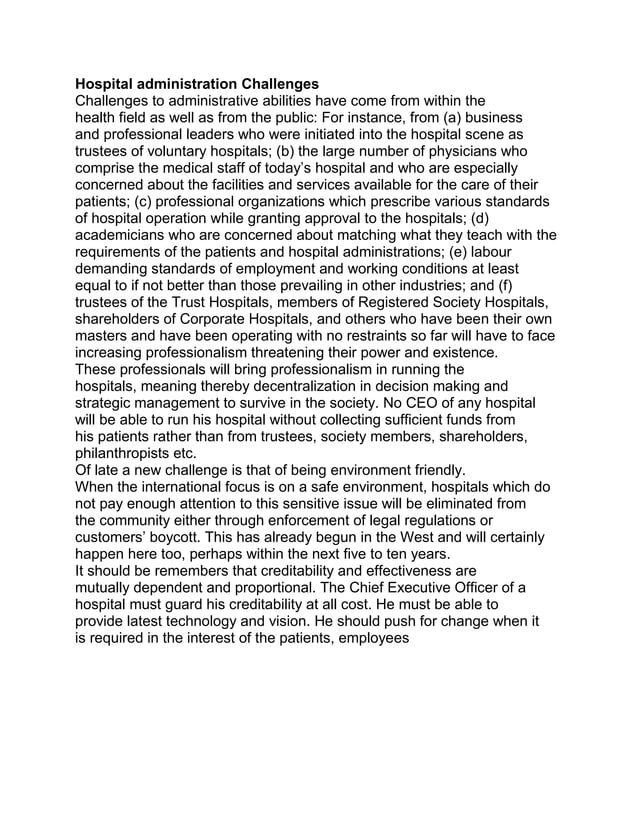 Hospital administration challenges | DOCX | Healthcare Industry ...