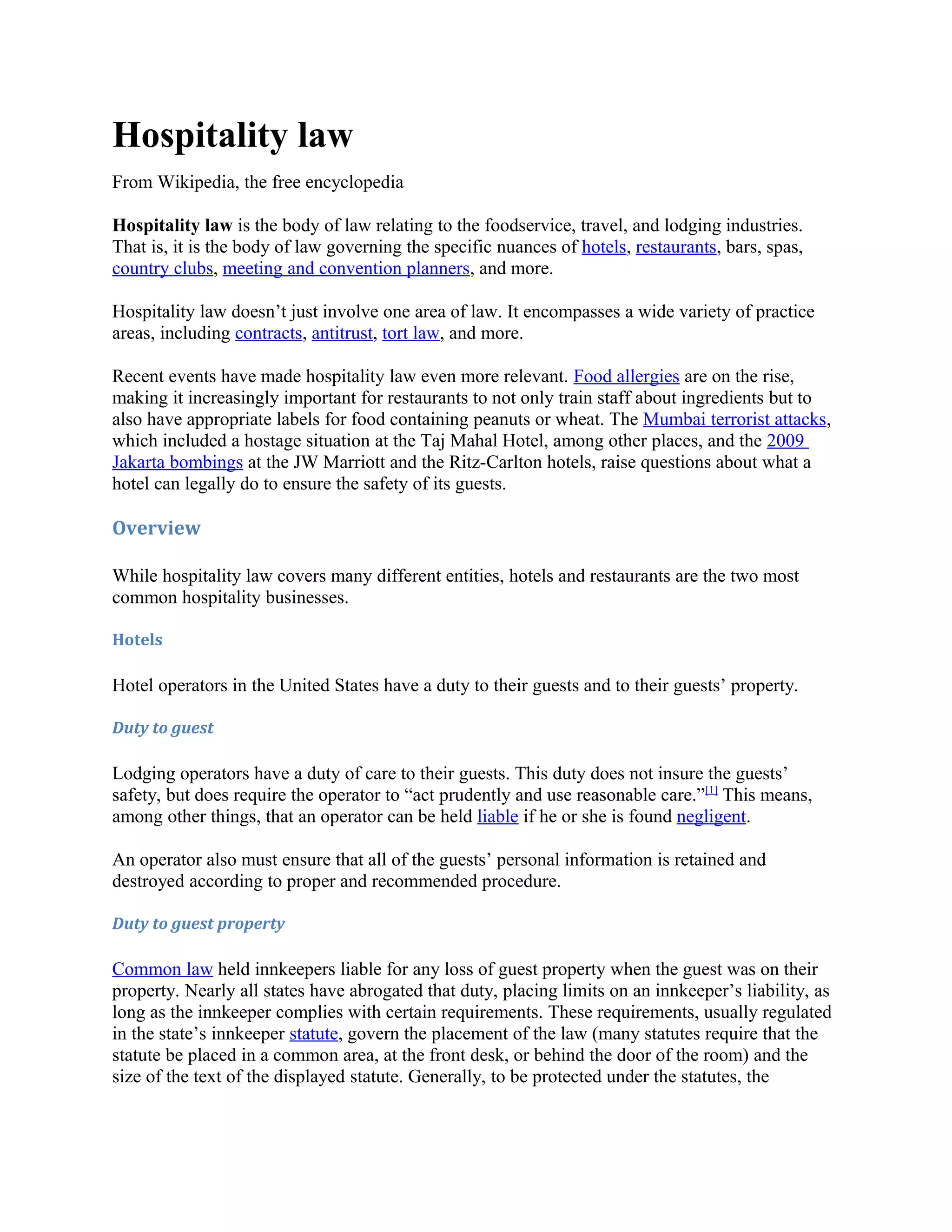 Hospitality law. | DOC