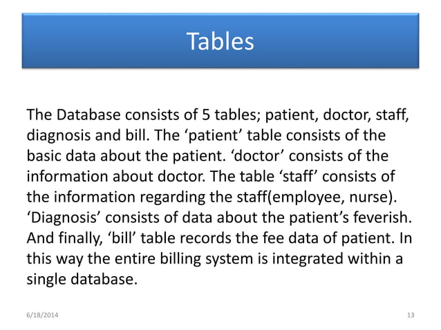 Hospital management system(database) | PPTX | Databases | Computer Software and Applications