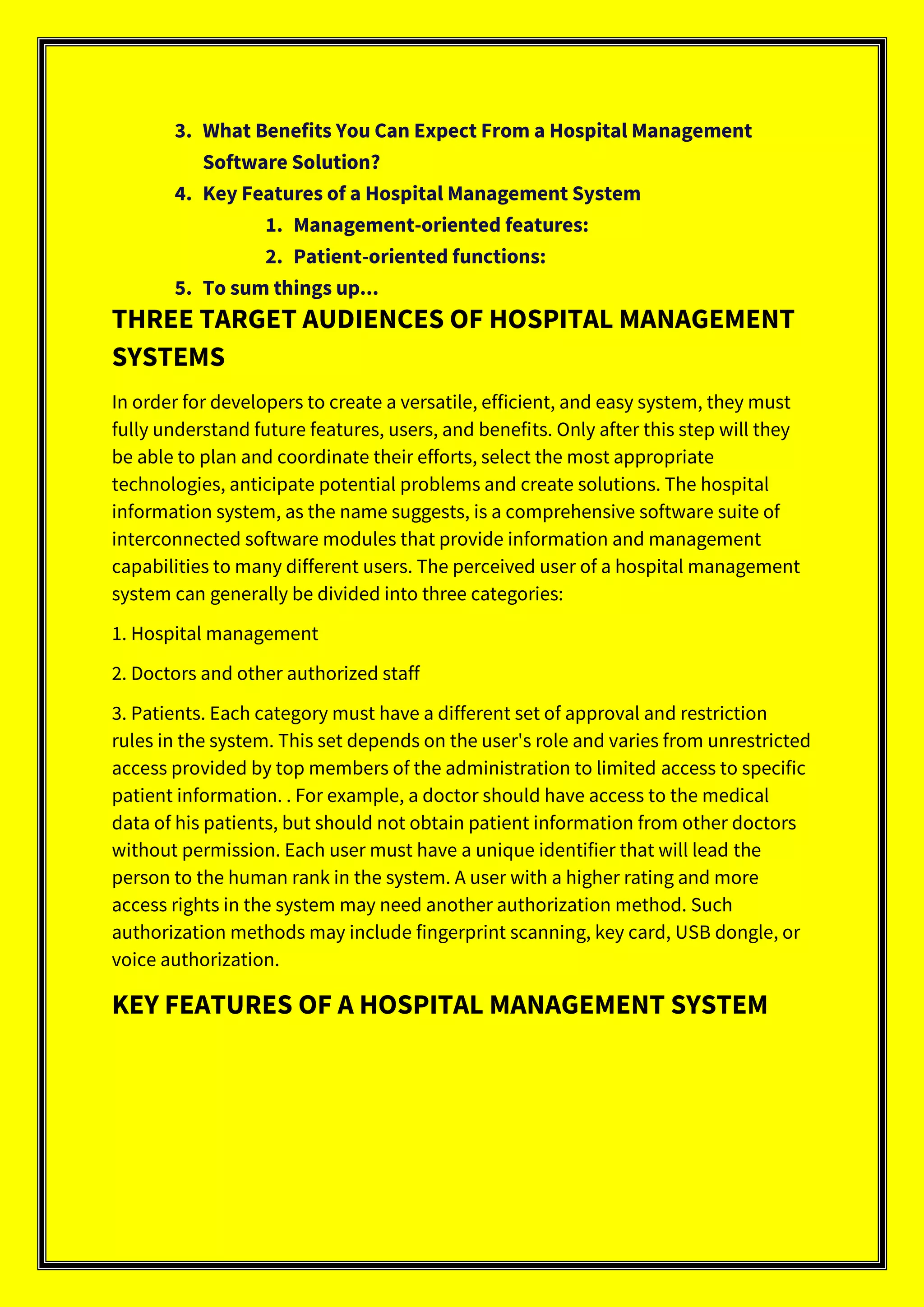 HOSPITAL MANAGEMENT SYSTEMS: FEATURES, REQUIREMENTS AND BENEFITS | PDF