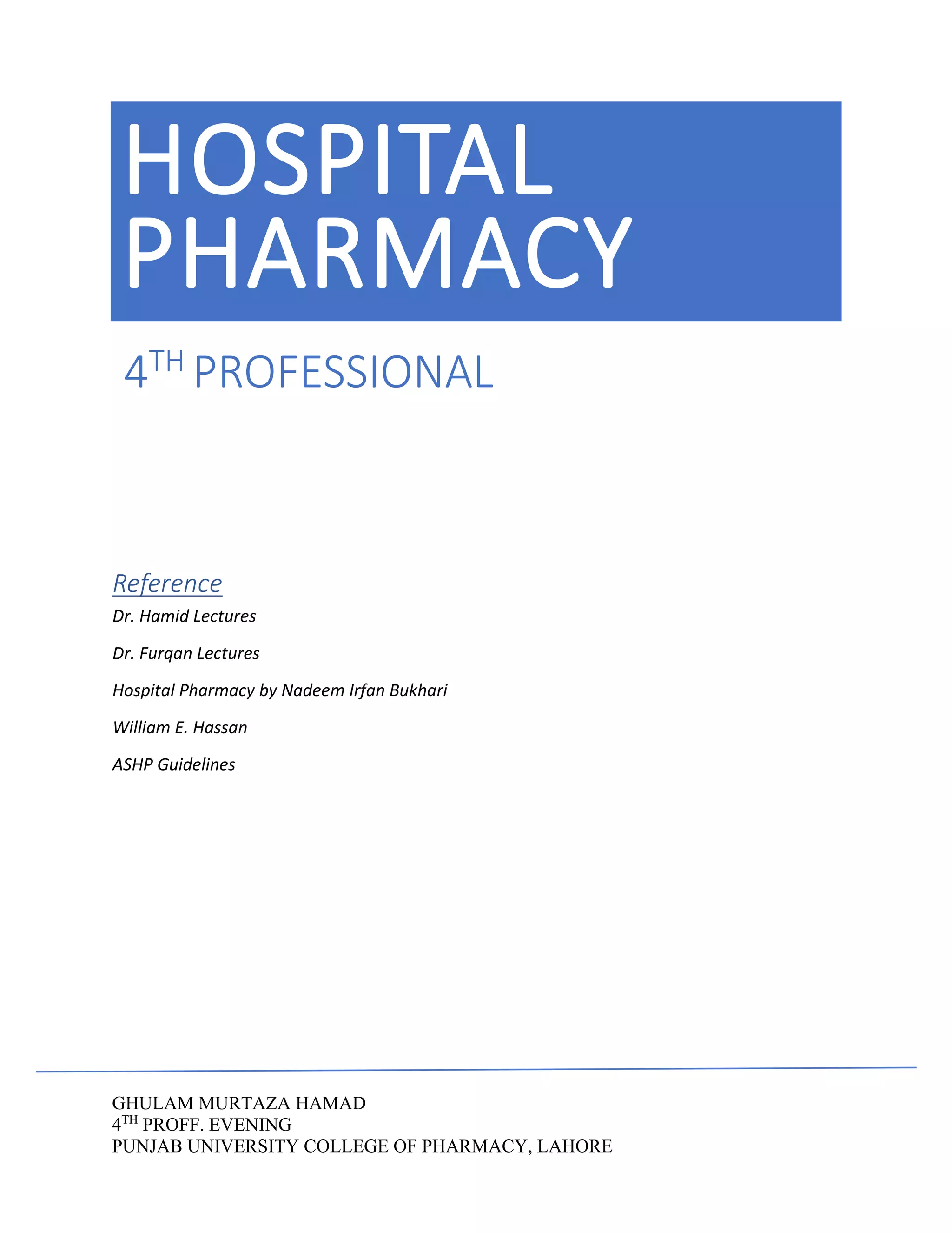 Hospital pharmacy complete notes | PDF