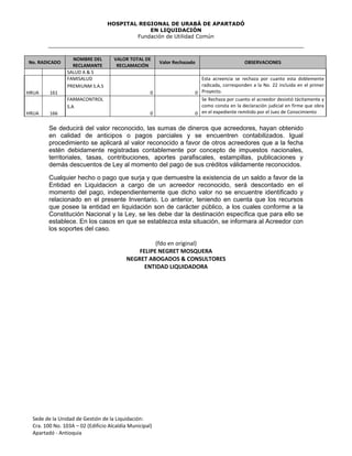 HOSPITAL REGIONAL DE APARTADO DE URABÁ EN LIQUIDACIÓN | PDF
