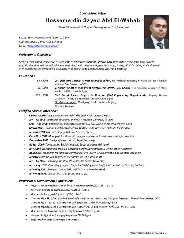 Hossam(civil structural engineer) cover letter+cv-resume-3-09-2015 | PDF