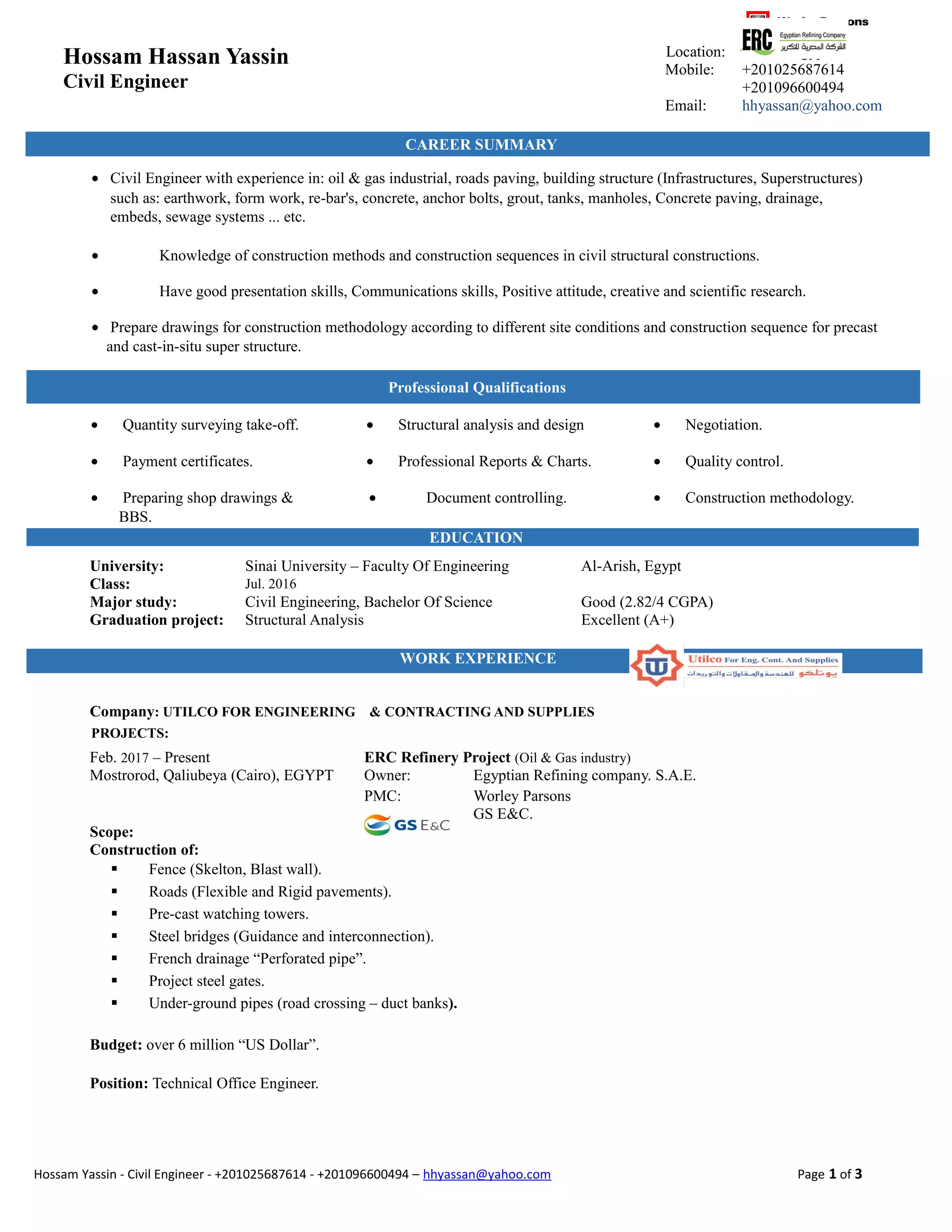 Hossam yassin cv - Technical office engineer | DOC | Civil Engineering Industry | Industries