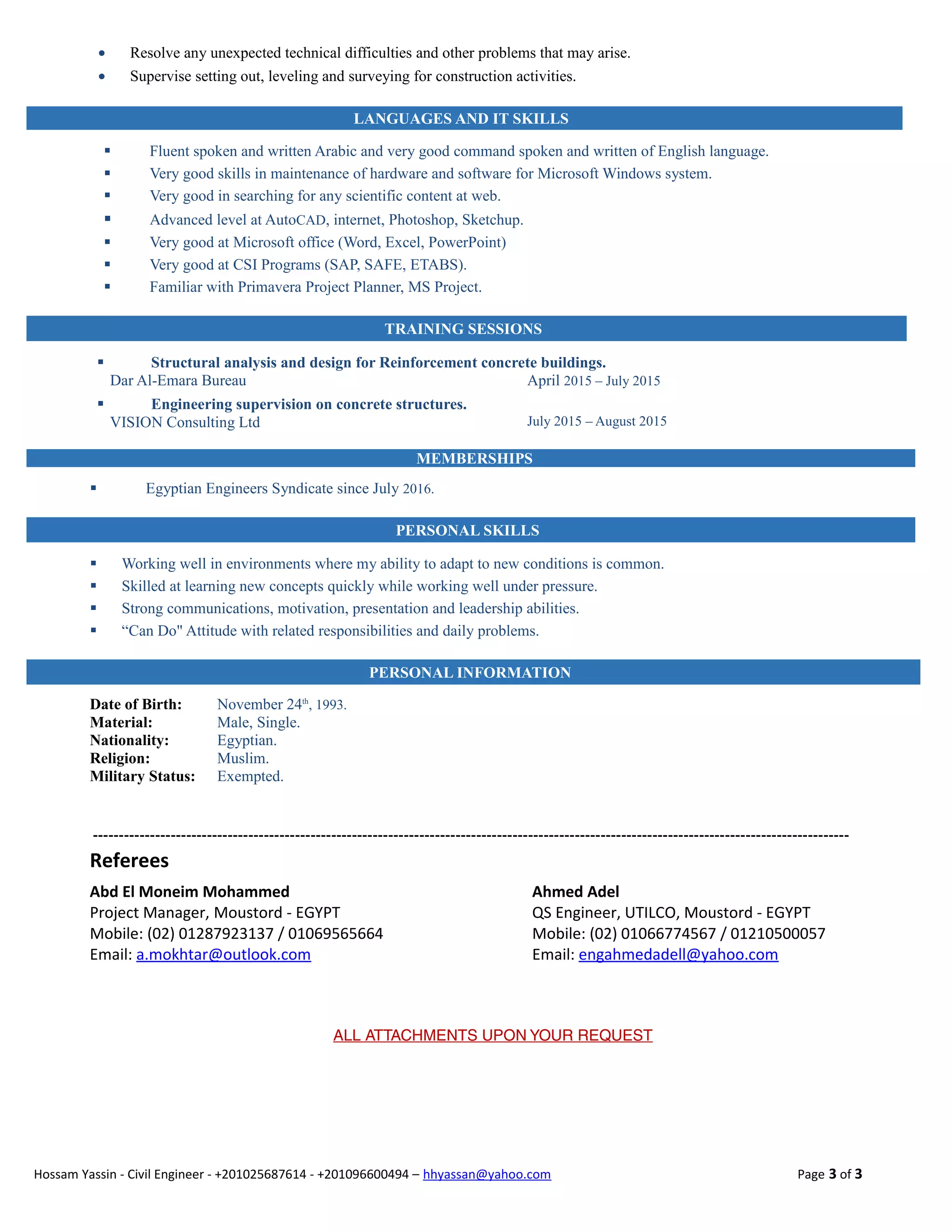 Hossam yassin cv - Technical office engineer | DOC | Civil Engineering Industry | Industries
