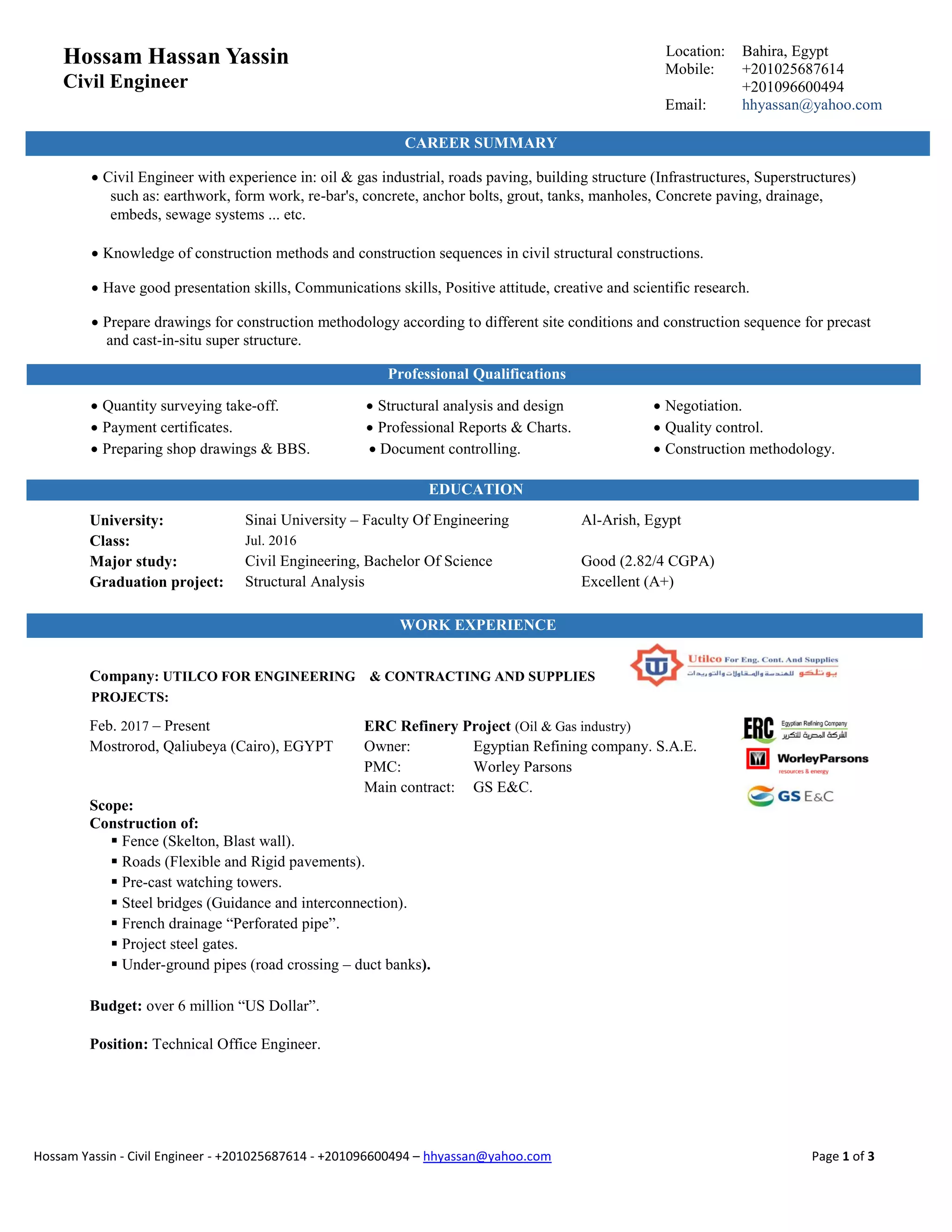Hossam yassin cv - technical office engineer | PDF