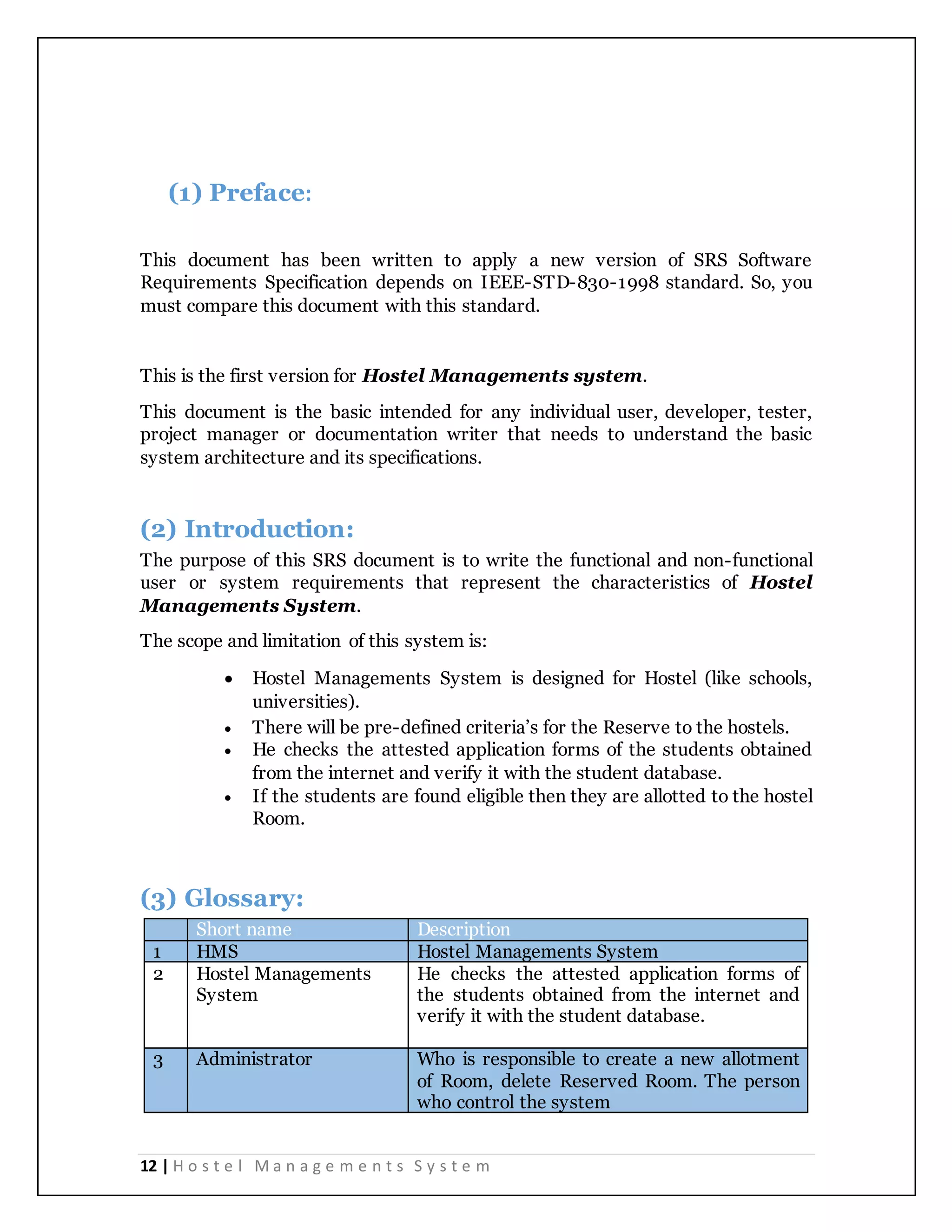 Hostel management system Software Engineering SRS | DOCX