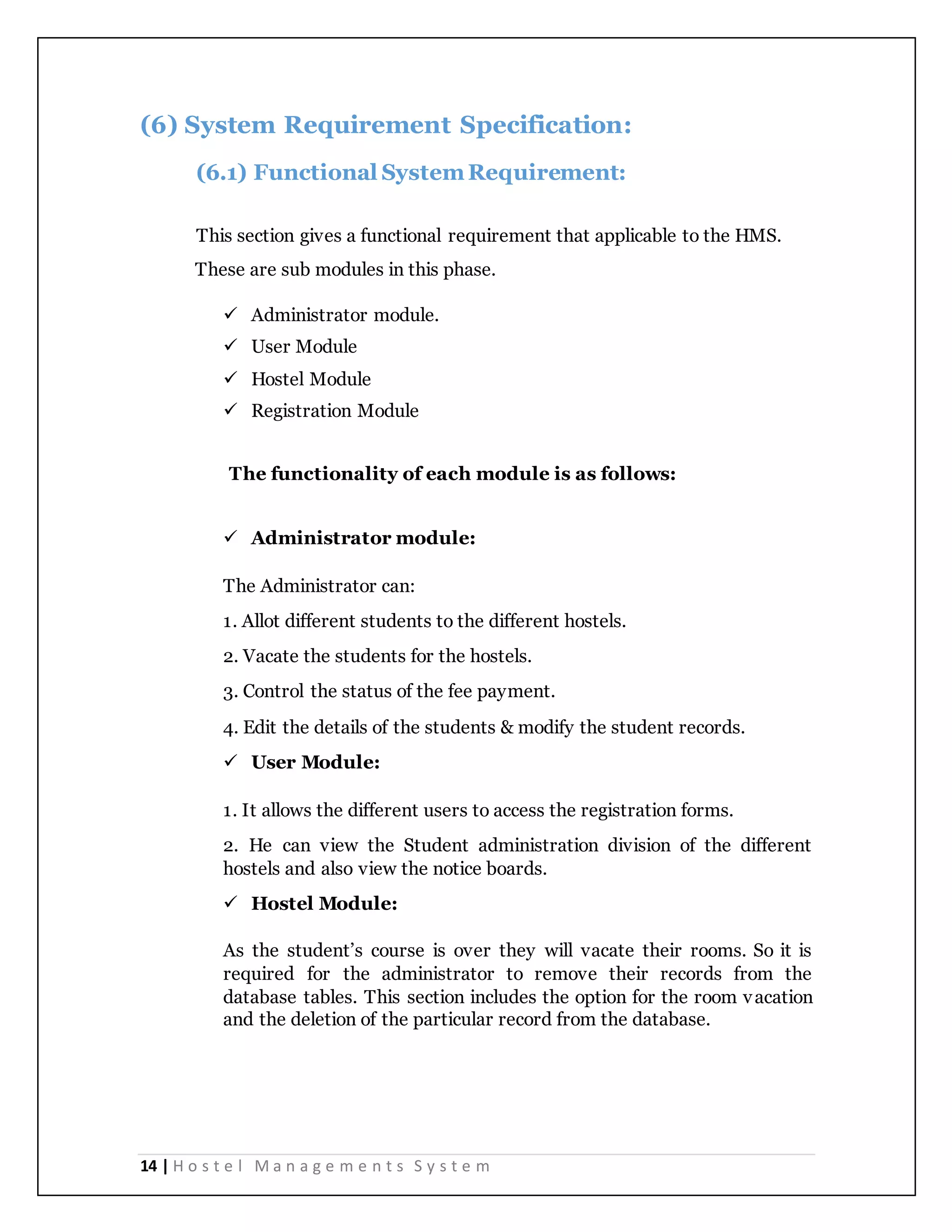 Hostel management system Software Engineering SRS | DOCX