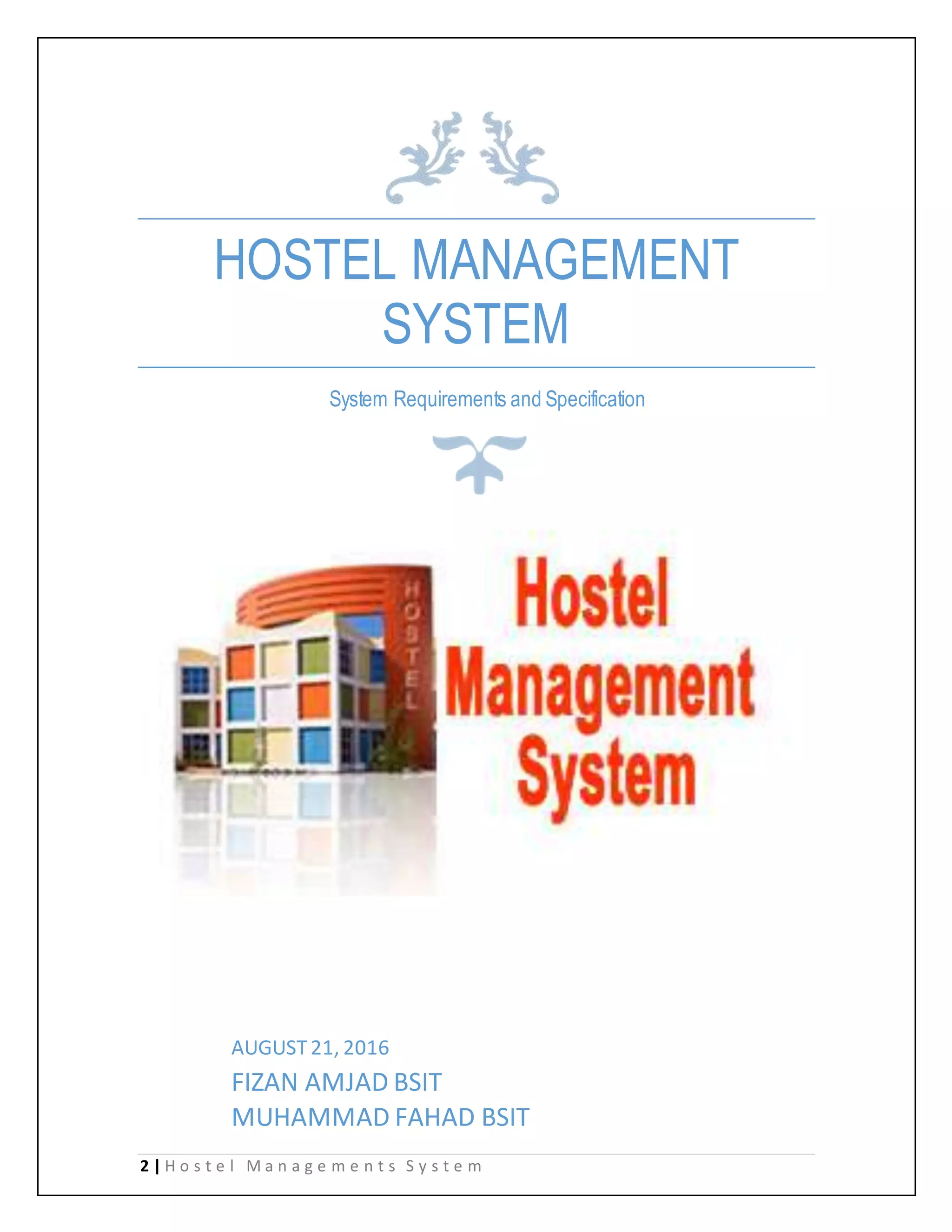 Hostel management system Software Engineering SRS | DOCX
