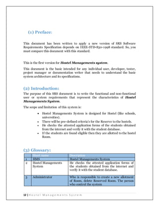 Hostel management system Software Engineering SRS | DOCX