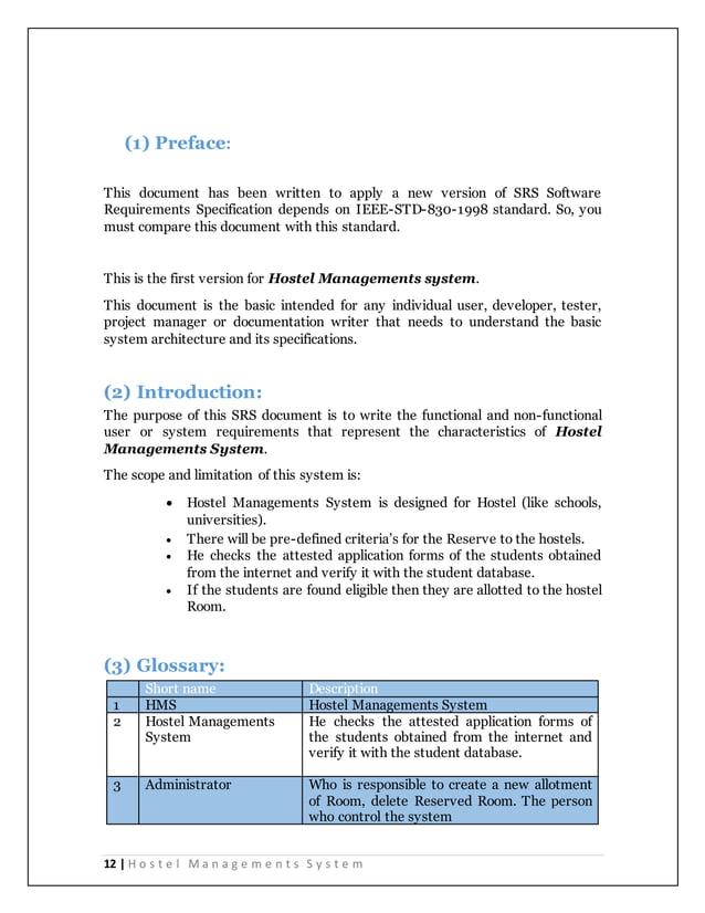 Hostel management system Software Engineering SRS | DOCX