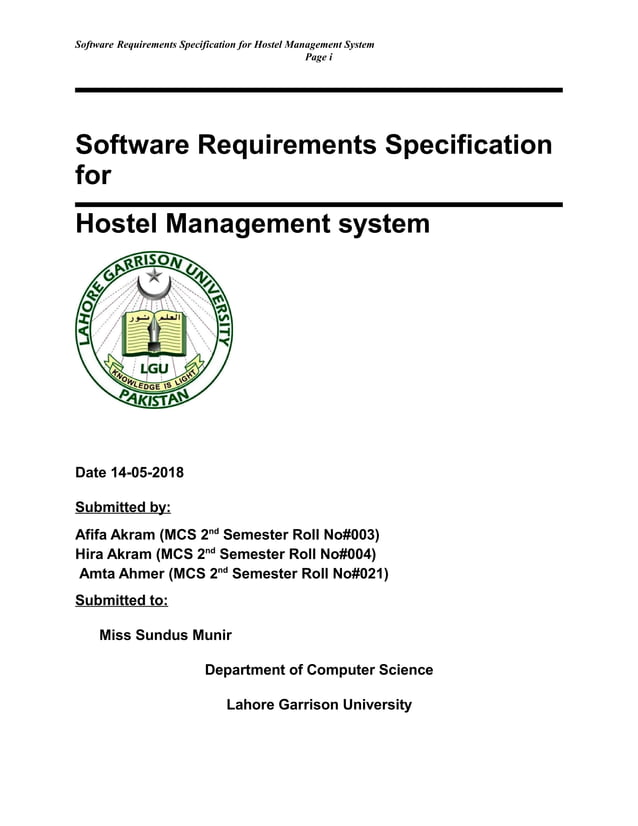 Hostel management system srs | DOC