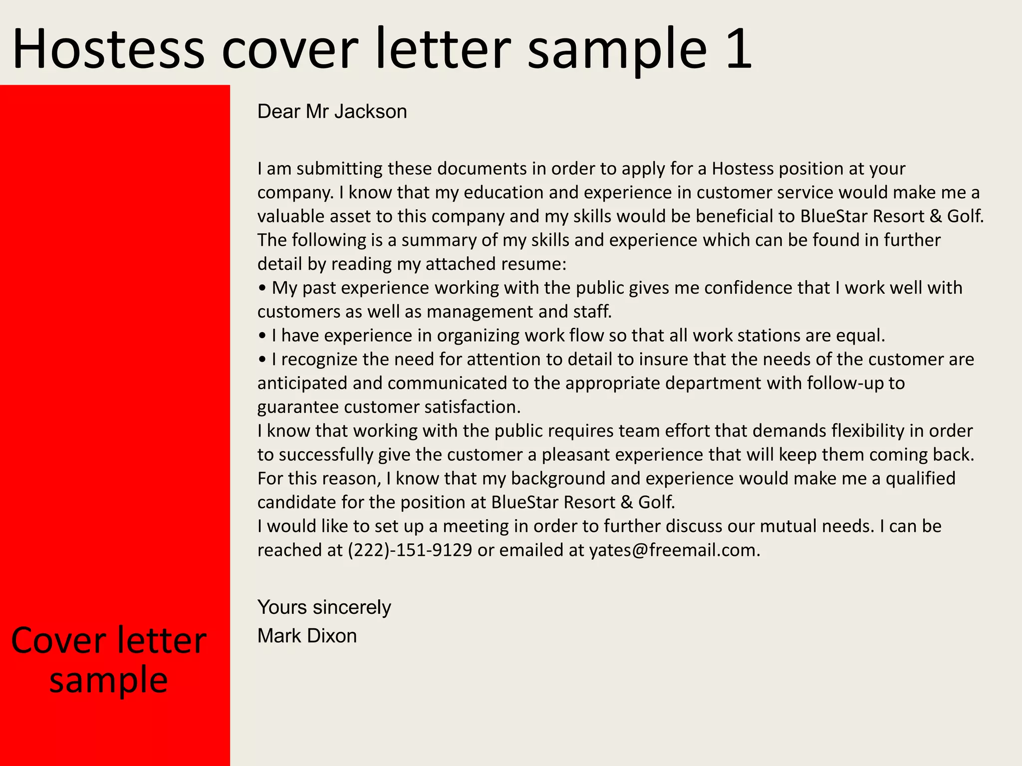 Hostess cover letter | PPT