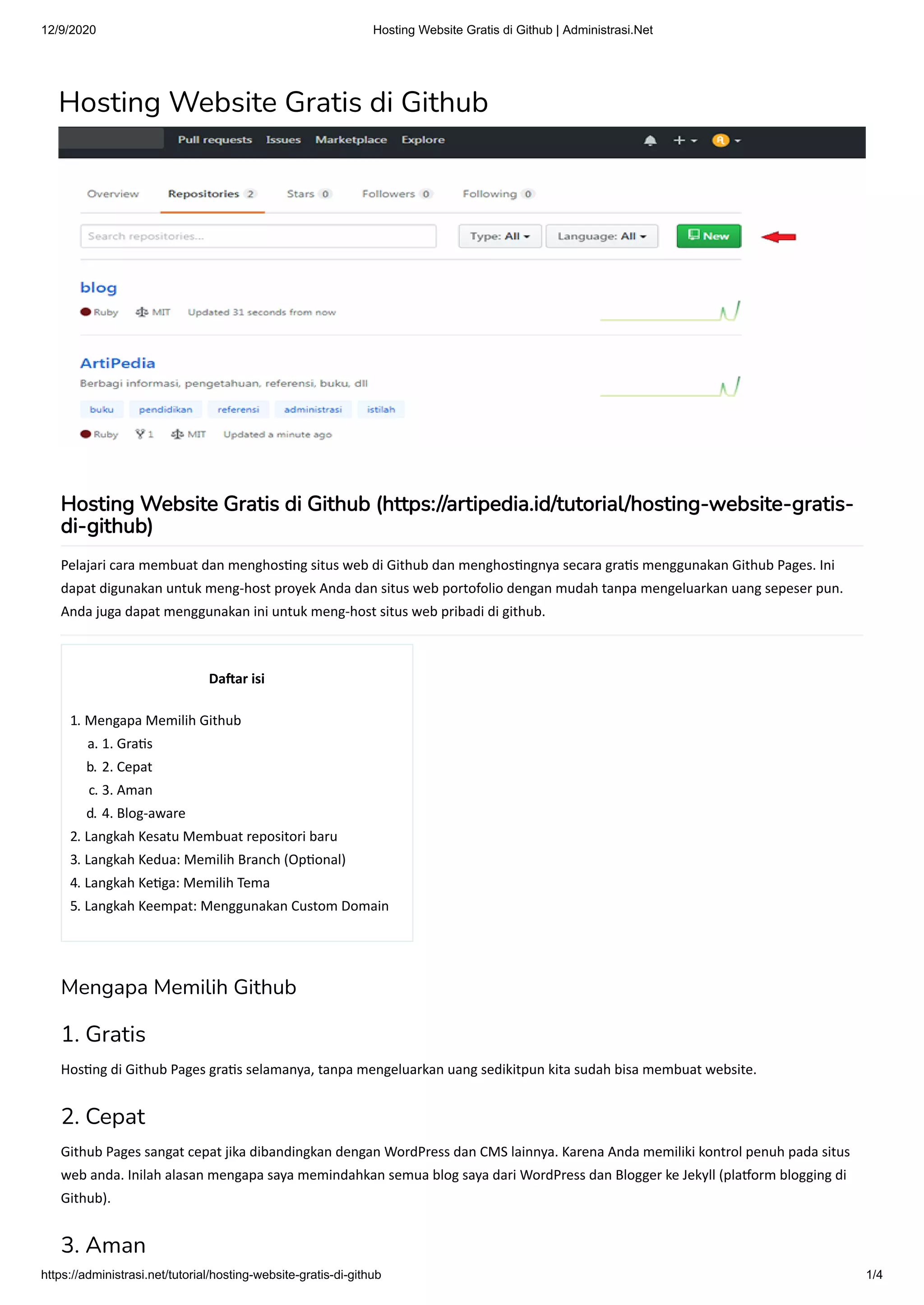 Hosting website gratis di github administrasi.net