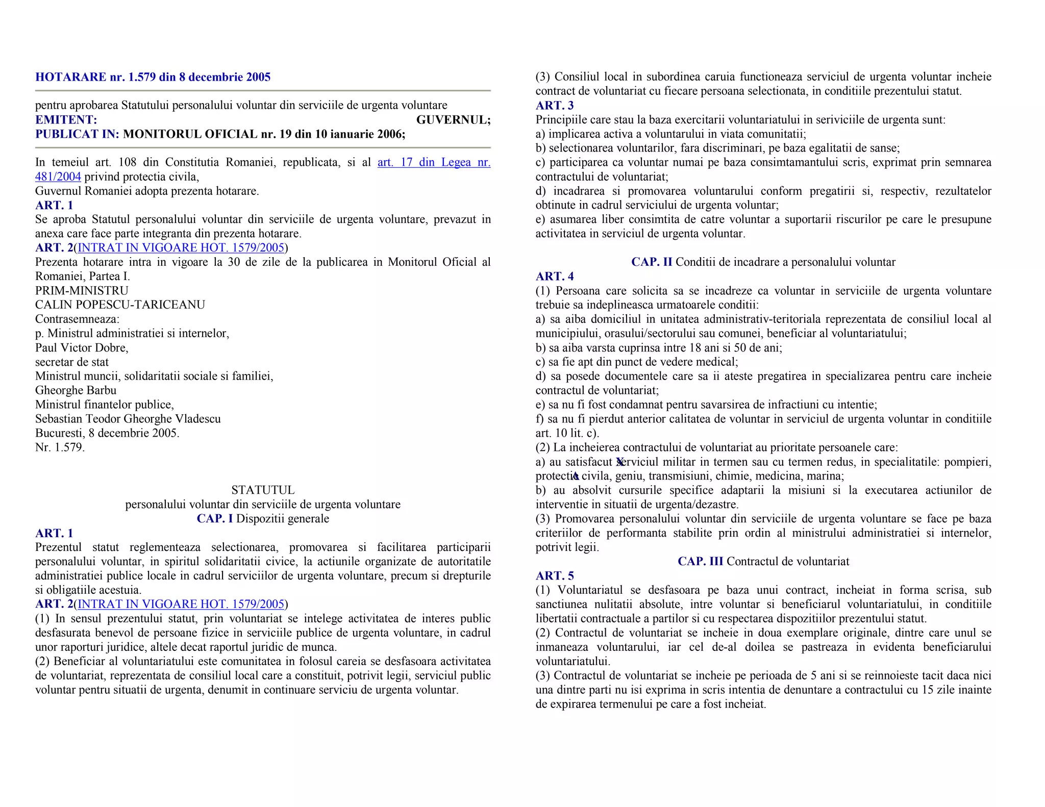 H.G 1579 din 2005 statut_ personal voluntar | PDF