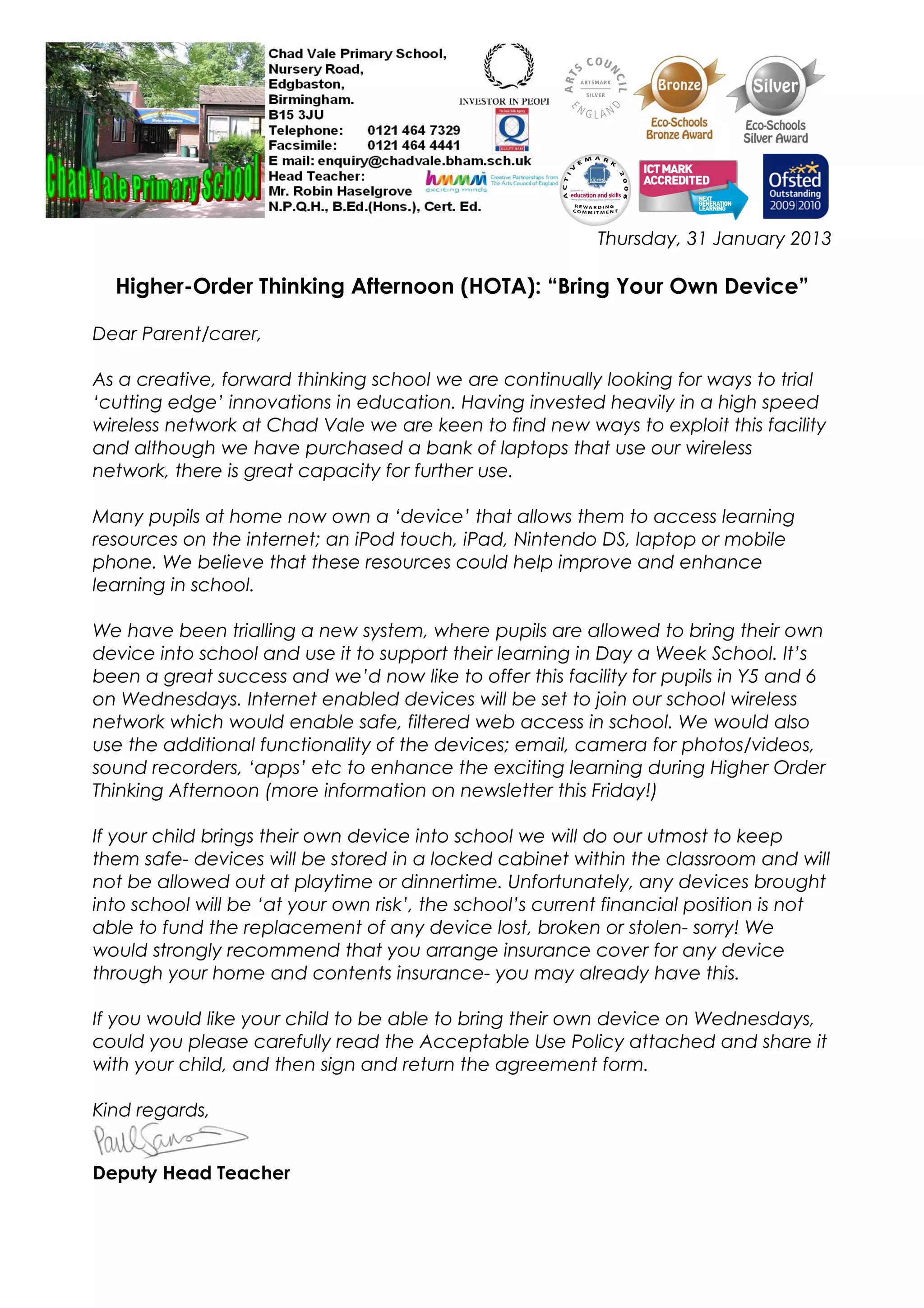 Hota byod bring your own device letter | PDF