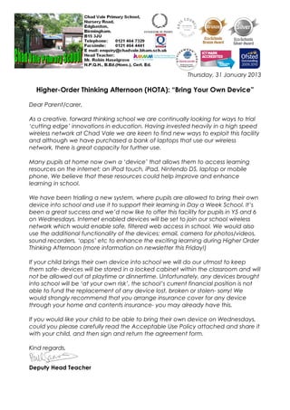Hota byod bring your own device letter | DOC