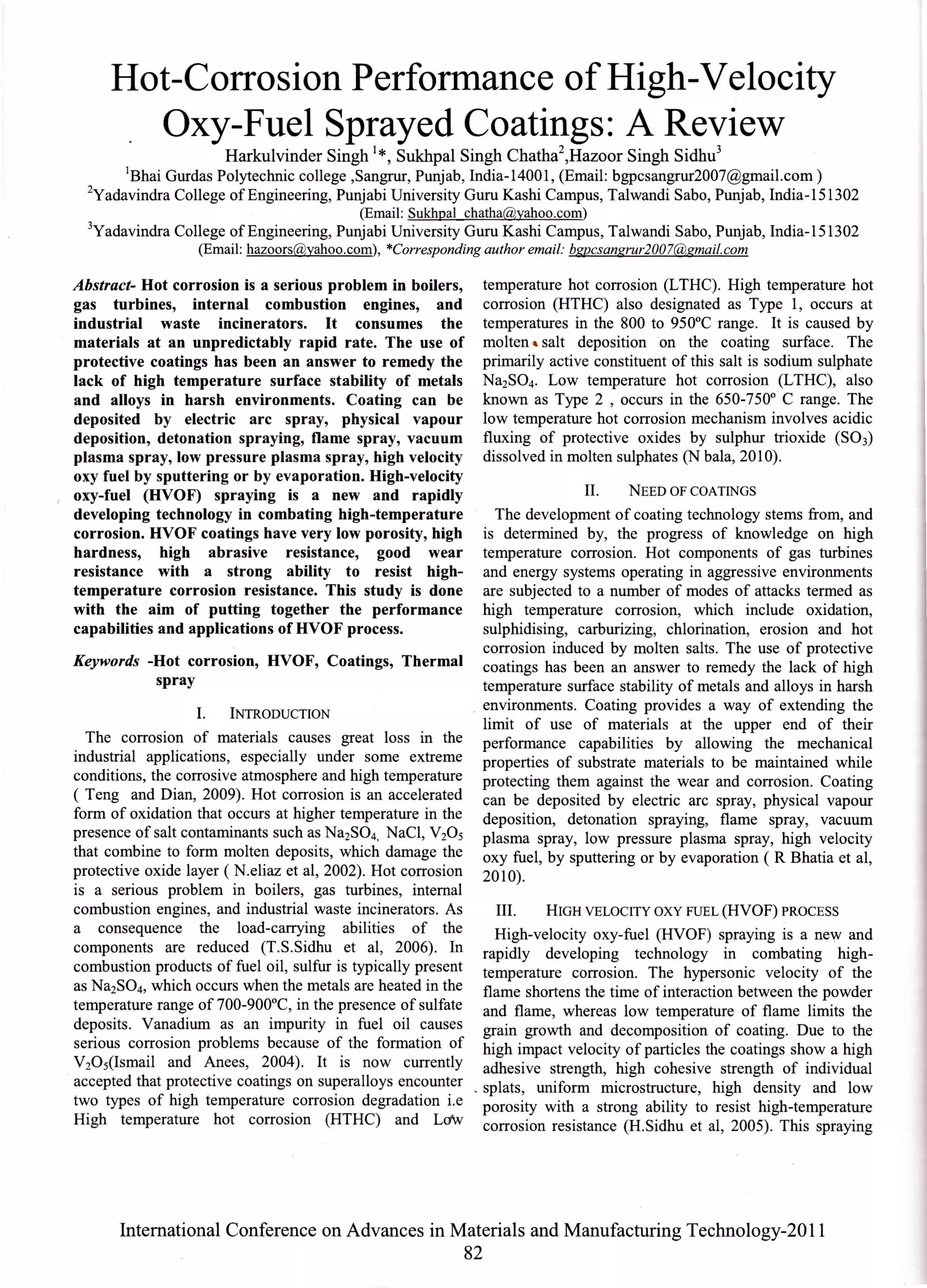 Hot corrosion performance of HVOF sprayed coatings | PDF