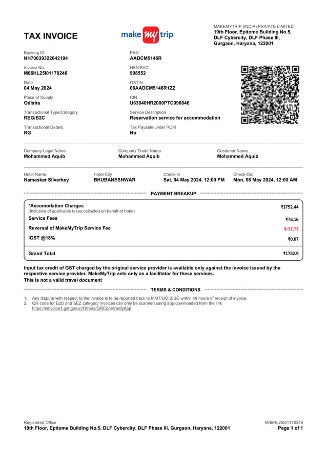 Hotel Bill for make my trip for stay .pdf
