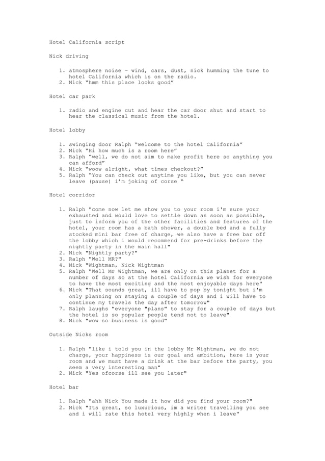 Hotel california script | DOCX