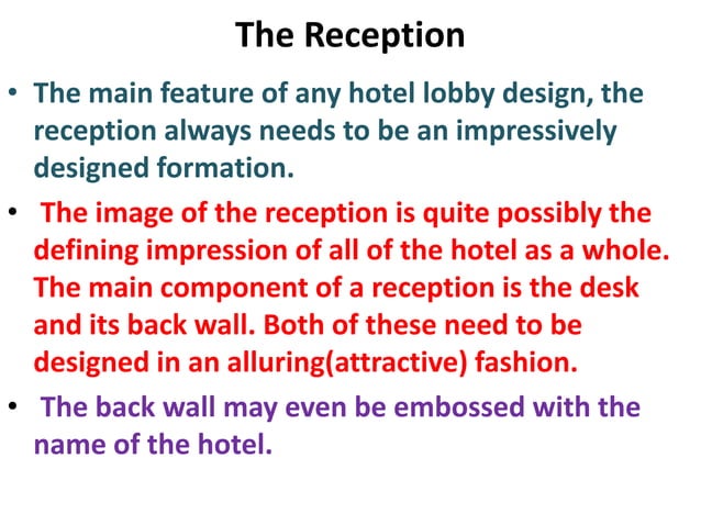 Hotel entrance, lobby layout; front office | PPTX