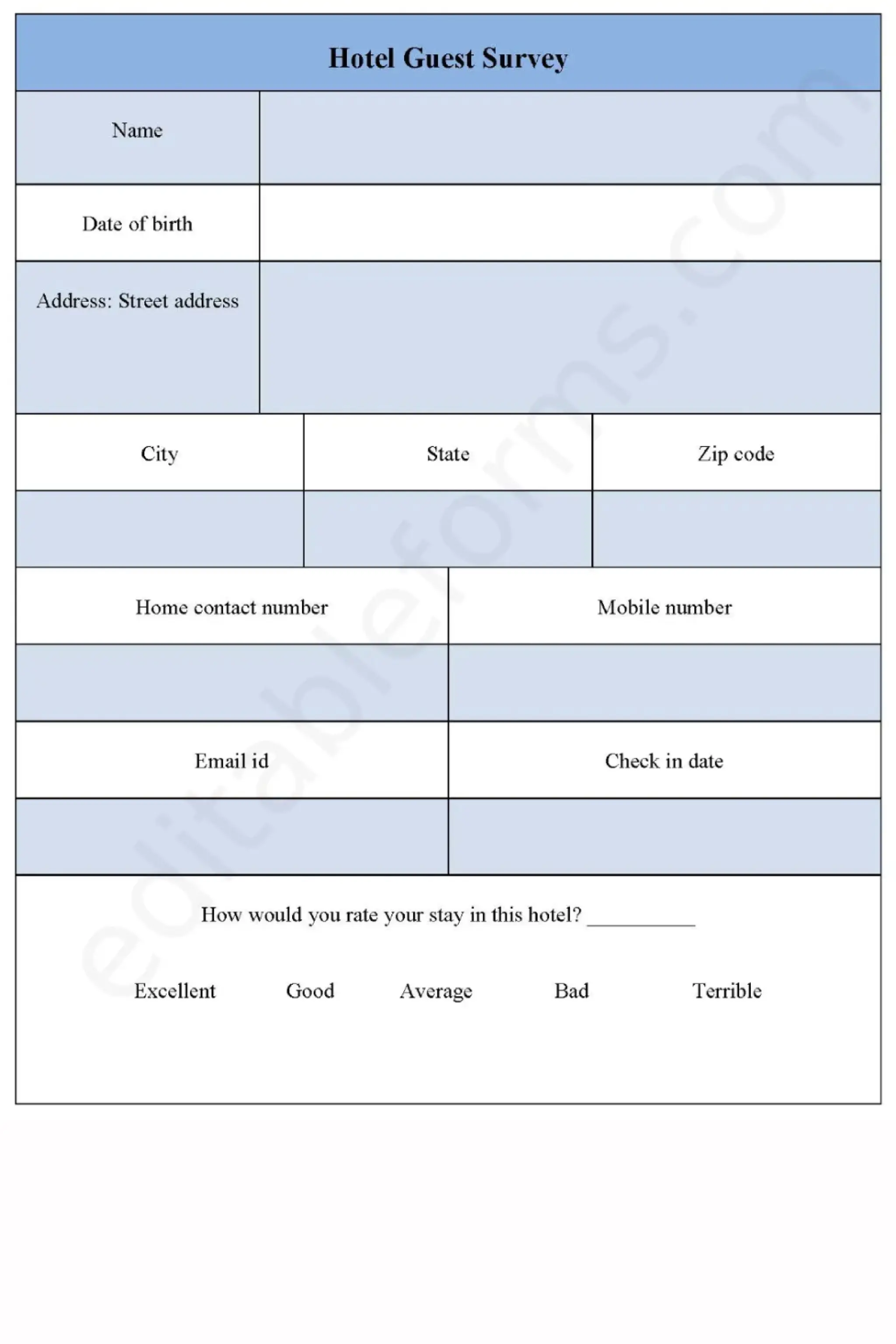 Hotel Guest Survey Fillable PDF Template | PDF