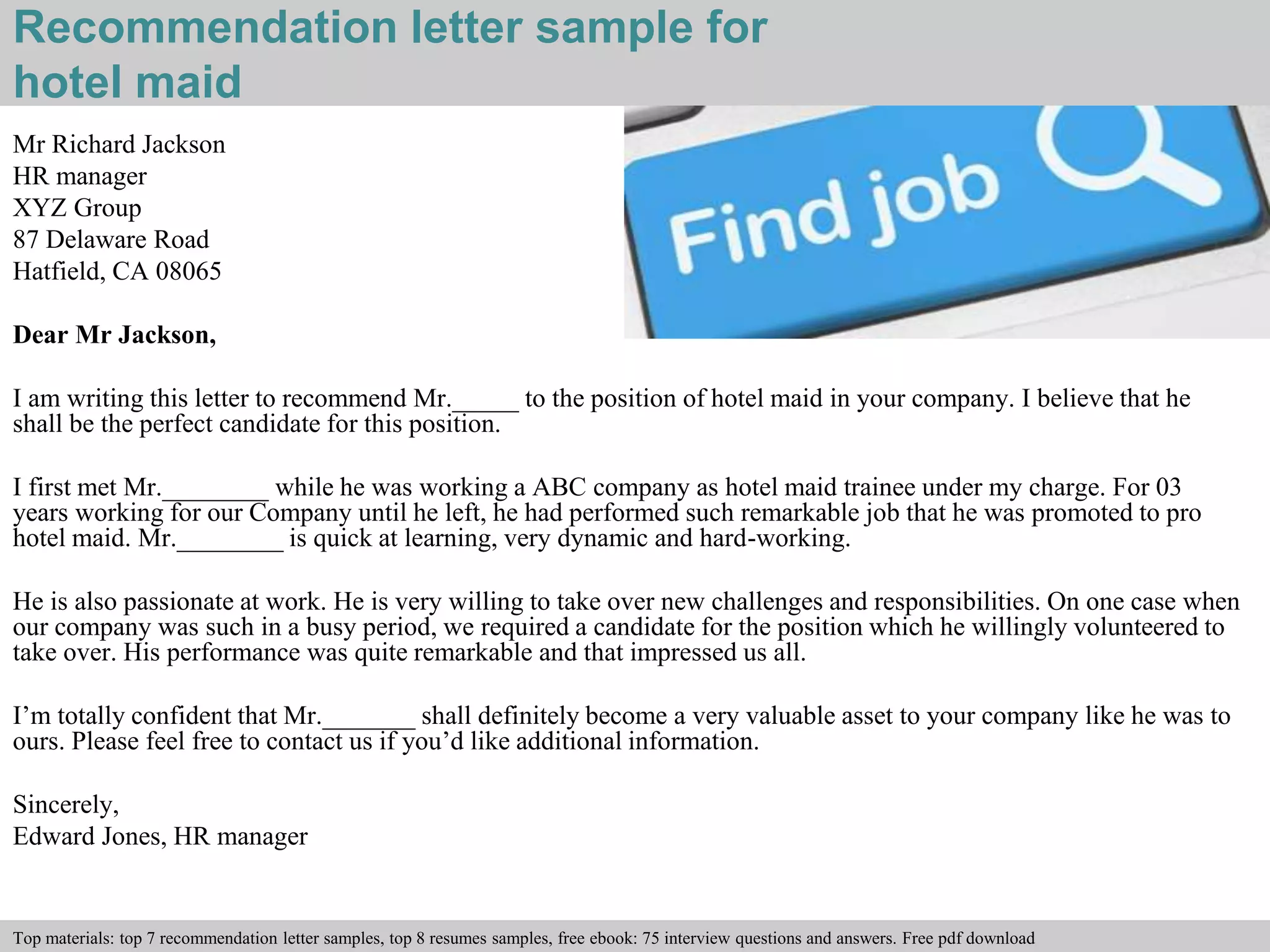 Hotel maid recommendation letter | PPT