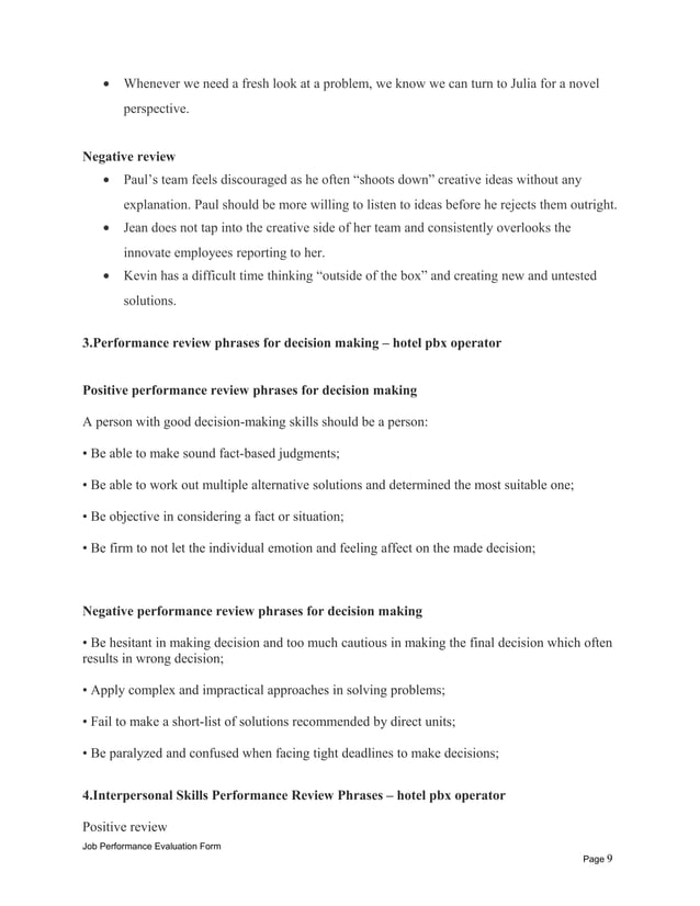 Hotel pbx operator performance appraisal | PDF