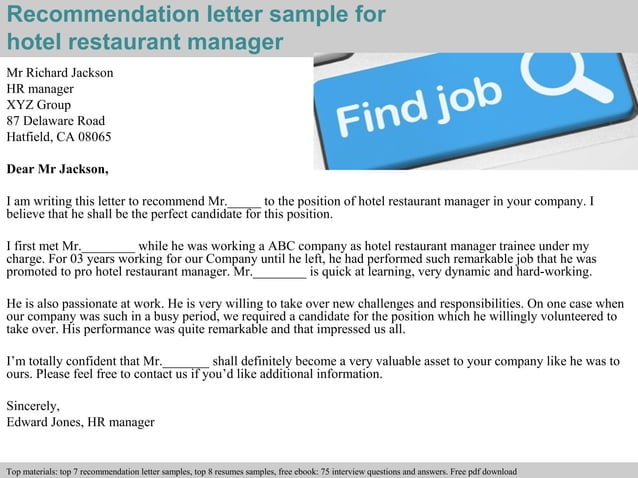 Hotel restaurant manager recommendation letter | PPT