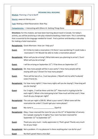 Hotel Role Play Speaking Skill Building | PDF