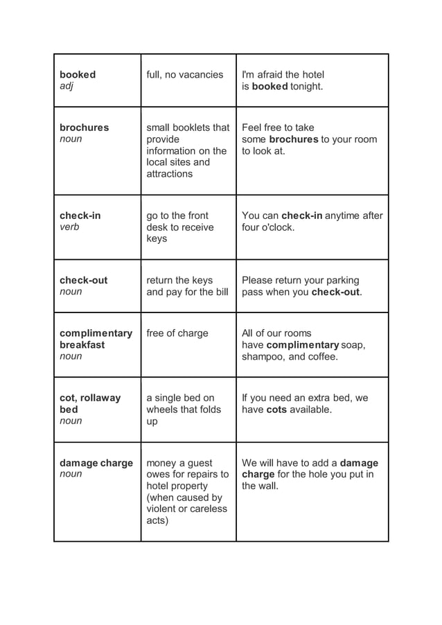 Hotel vocabulary | DOCX
