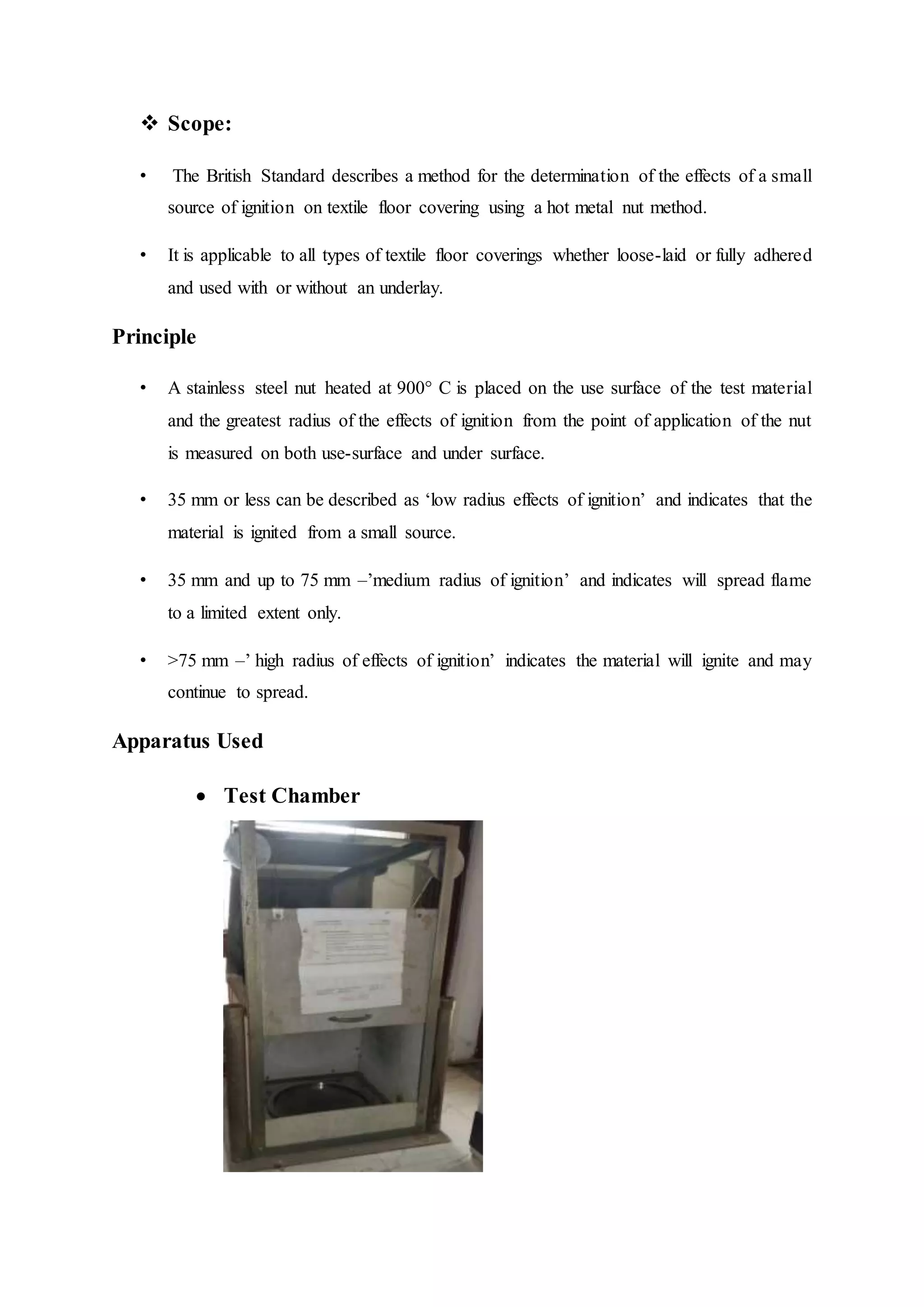 Carpet flammability test (Hot nut metal method BS:4790:1987) | DOCX