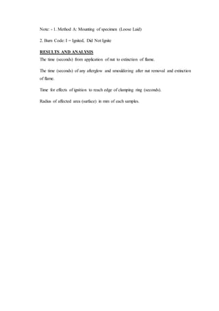 Carpet flammability test (Hot nut metal method BS:4790:1987) | DOCX