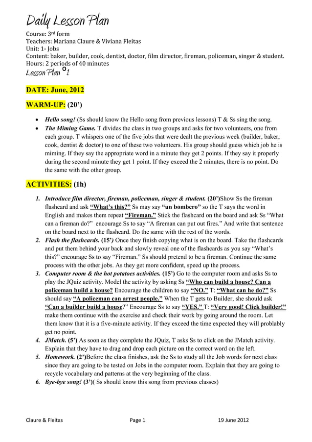 Hot potatoes lesson plan | DOCX