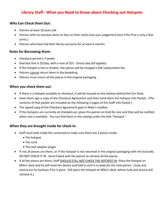 Hotspot checkout staff information | PDF