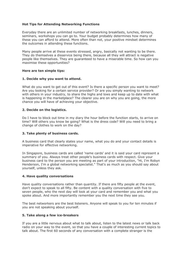 Hot Tips For Attending Networking Functions | PDF