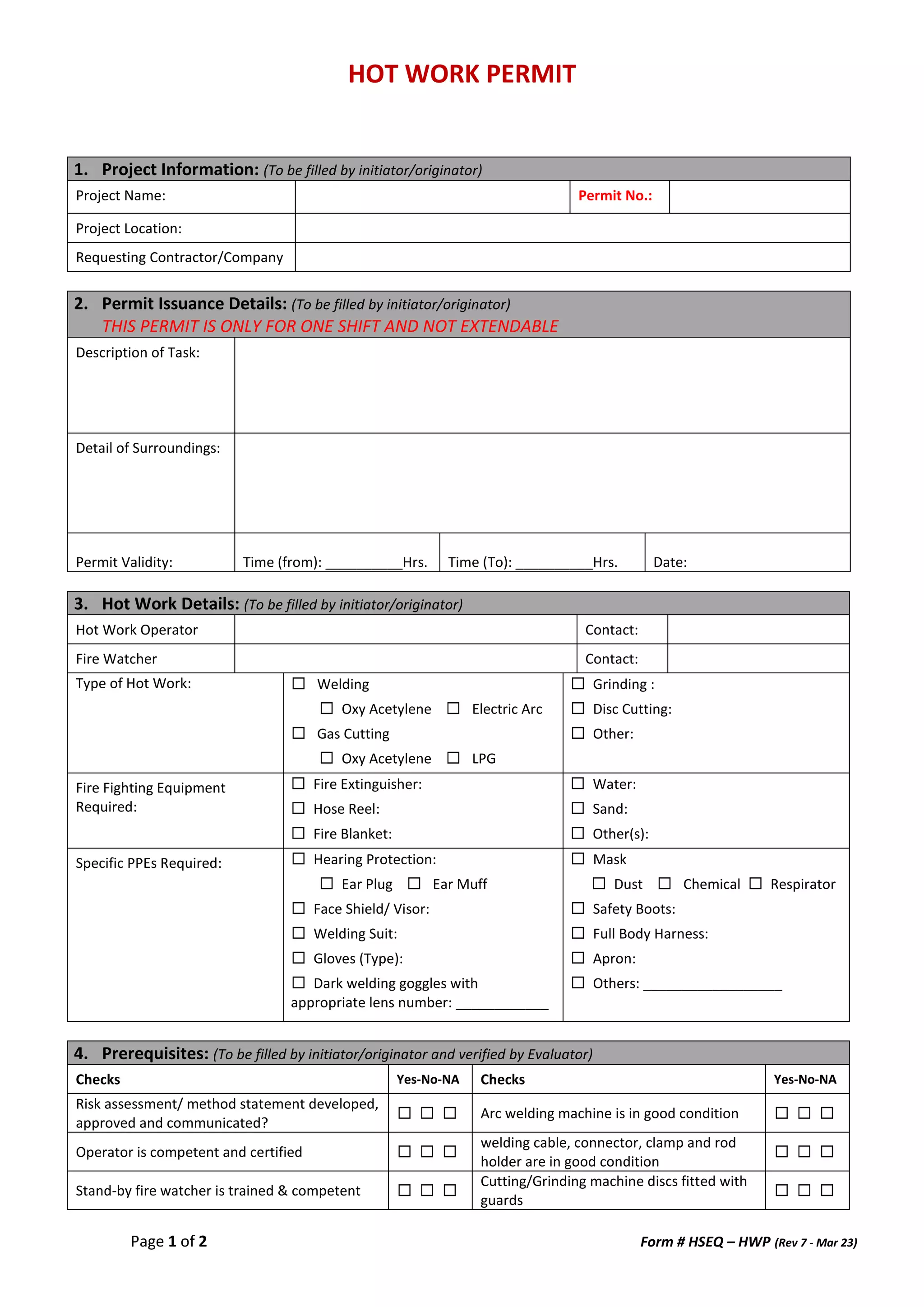HOT WORK PERMIT Form # HSEQ - HWP Rev 7 -.docx | Home Appliances | Home ...